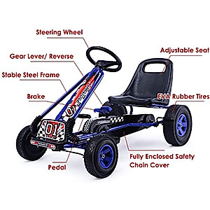 HOMGX Pedal Go Kart, Outdoor Kids Off-Road Pedal Go Kart with 2-Position Adjustable Bucket Seat, 4 Steering Wheel, 2 Safety Brakes, EVA Rubber Tires, Pedal Powered Ride On Kart for Boys, Girls (Blue)