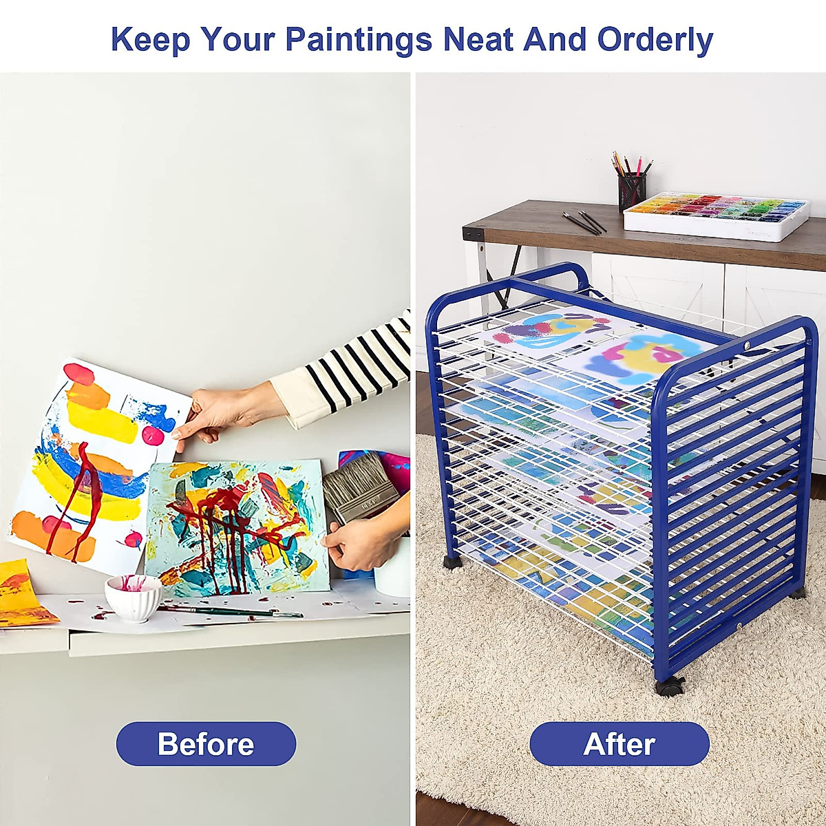 Garvee Art Drying Rack with 4 Lockable Wheels - Metal Art Storage Rack with 16 Removable Shelves, Art Organizer 18" D x 26" W x 26" H for Art Studio, Artwork, Craft Room and Desktop, Blue