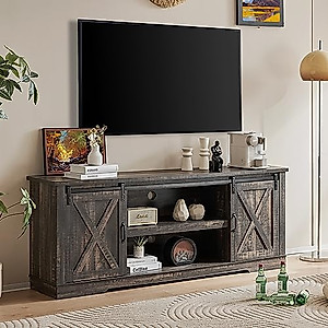 AMERLIFE 66" Farmhouse TV Stand for 75 Inches TVs, Entertainment Center with Sliding Barn Door and Adjustable Shelf & Feet, Console Table with Storage, Dark Rustic Oak
