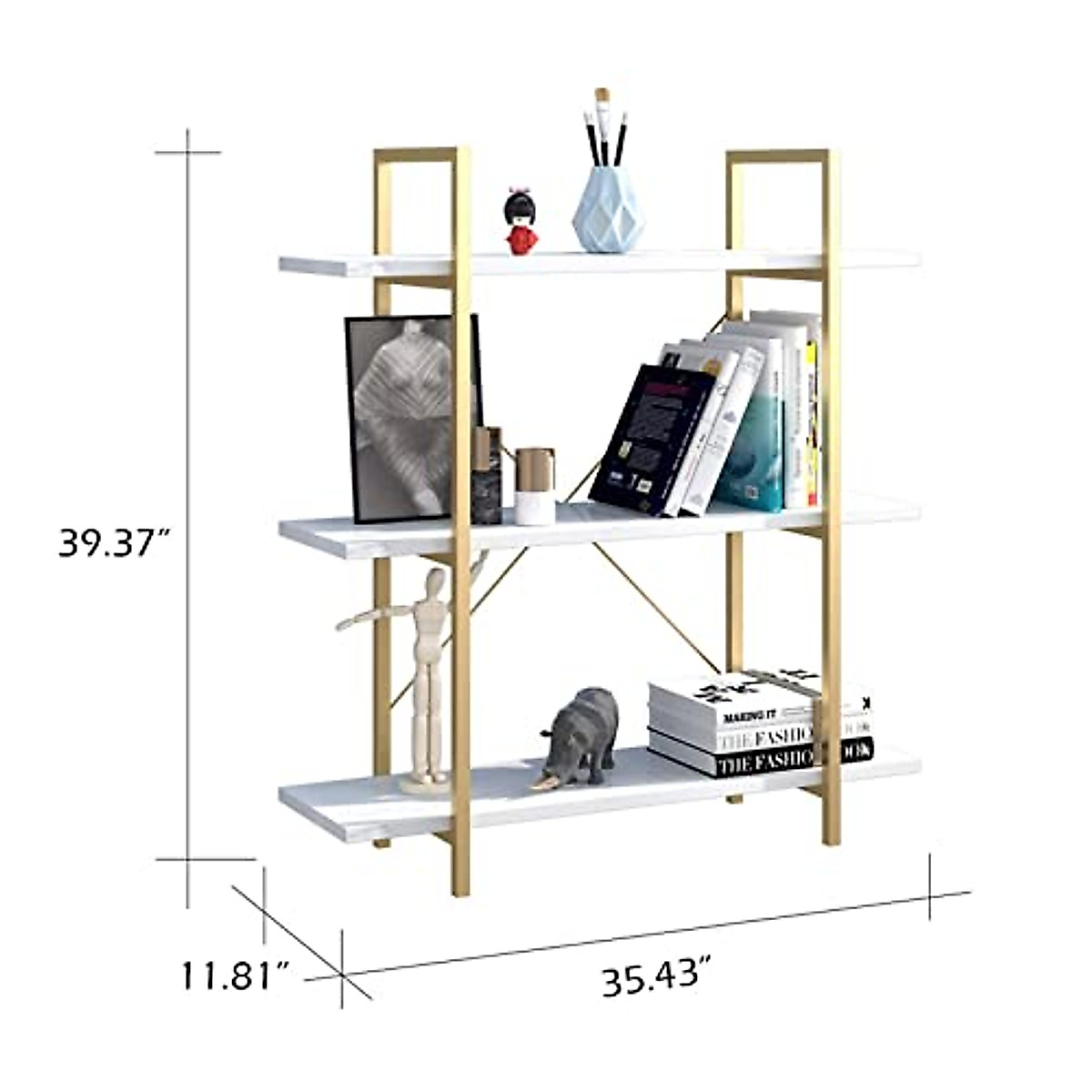 IOTXY 3-Tier Open Shelf Bookcase - Modern Freestanding Wooden Display Stand Unit with Metal Frame for Home and Office, Bookshelf, Gold White