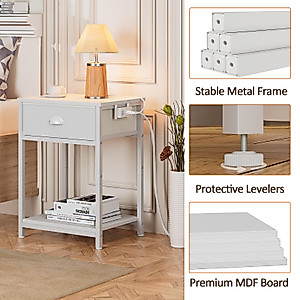 Furologee White Nightstands Set of 2 with Charging Station, Small Bed Side Table with Fabric Drawer for Small Spaces, 2 Tiers Storage Shelves End Table for Living Room, Bedroom, Dorm