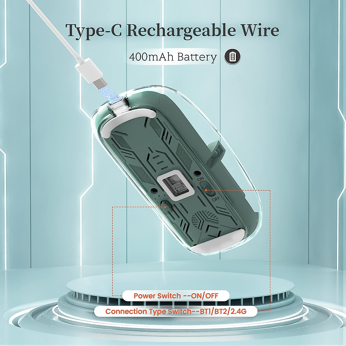 A.JAZZ Wireless Bluetooth5.1&2.4G Mini Lightweight Mouse,Transparent Clear Cool,Rechargeable Silent Computer Mice,Nano USB C Receiver,LED Battery Magic Silm for Office/PC/Mac/Laptop/Apple/ipad(Green)