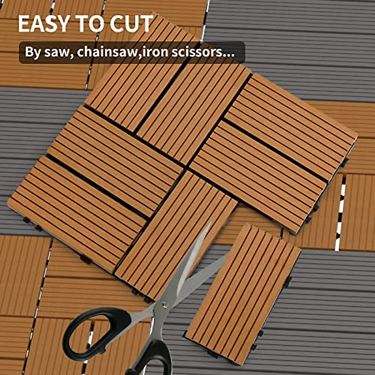 TONAHUTU 6PCS Interbuild Hardwood Interlocking Patio Deck Tiles, 12"x12" Wood Plastic Composite Tiles Outdoor Flooring for Patio Garden Deck Poolside Click Floor Decking Tile - Teak