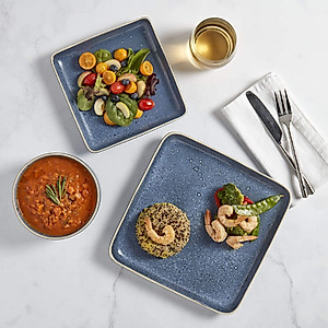 Tabletops Gallery Madison Fashion Dinnerware Collection- Square Contemporary Modern Reactive Glaze Dinner Salad Plate Bowl 4 Place Setting, 12 Piece Madison Dinnerware set in Speckled Blue