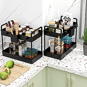 Ronlap 2 Pack Under Sink Organizers and Storage, 2 Tier Bathroom Organizer Under Sink with Handle Hanging Cup Hooks Dividers, Kitchen Organization and Storage Under Sink Cabinet Counter Shelf, Black