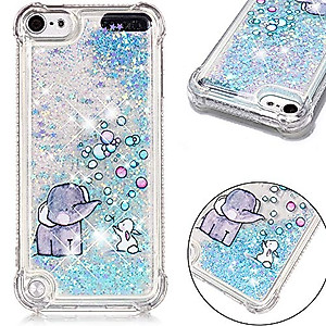 CAIYUNL iPod Touch 7 Case, iPod Touch 6 /Touch 5 Case Glitter, Liquid Sparkle Bling Cute Clear Soft TPU Girls Women Kids Protective Case Cover for iPod Touch 7th /6th/5th Generation -Blue Elephant