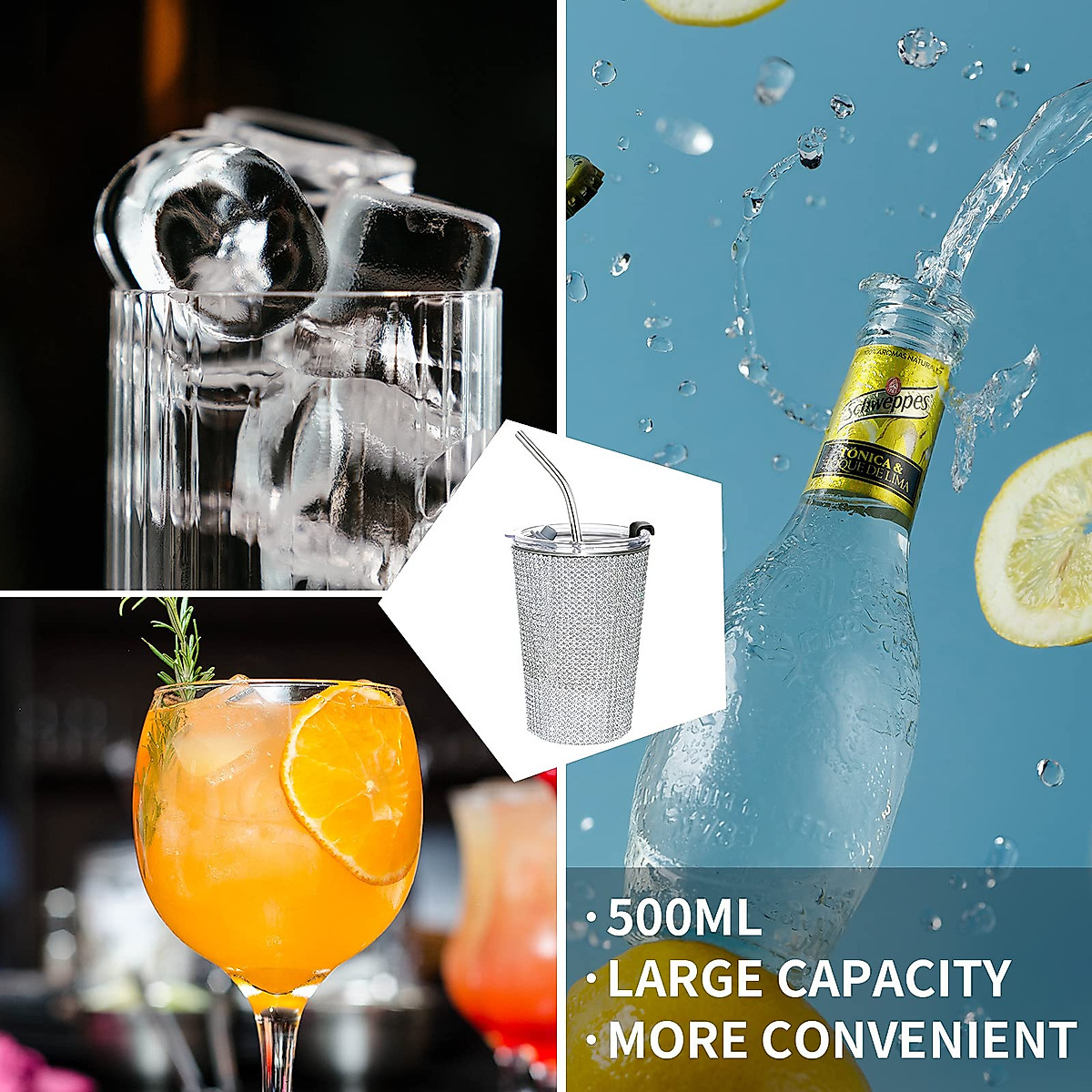 16 oz Bling Diamond Straw Cup Bling Rhinestone Stainless Steel Thermal Bottle Refillable Insulated Glitter Water Bottle 2 Pcs Blue Cup Brushes 6 Pcs Straw Brushes for Women Female Girls (Silver)