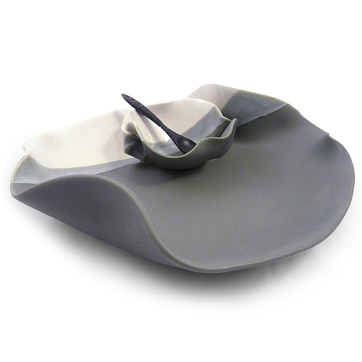 Contemporary Twist Chip and Dip Tray Dish in Grey White, Handmade Pottery