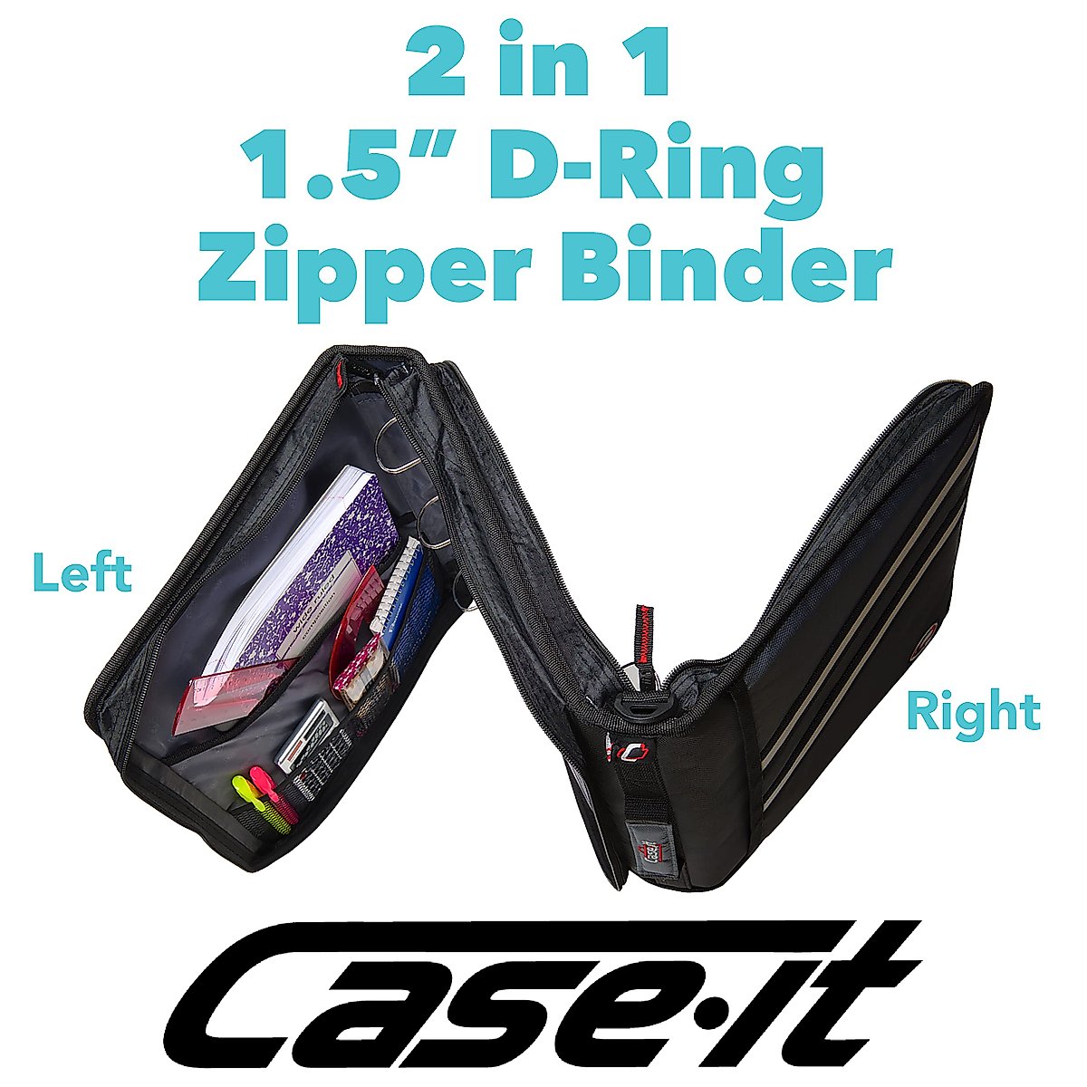 Case-it The Z Shape Zipper Binder - Two Binders in One - Double Sided 1.5 Inch D-Ring - Multiple Pockets - 500 Page Capacity - Comes with Shoulder Strap, Blue Z-176