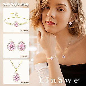 Linawe Pink Crystal Pendant, Gold Chain Imitation Diamond Cubic Zirconia Birthstone Rhinestone Teardrop Necklace, Preppy Bridal Wedding Bride Bridesmaids Boho Jewelry Set