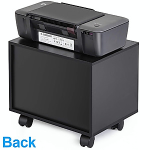 FITUEYES Mobile Printer Stand with Storage, Under Desk Black Wood Small Rolling Printer Table Work Cart with Wheels and 3 Compartment Organizer Spaces for Home Office,, 15.7 x 11.8 x 13.8