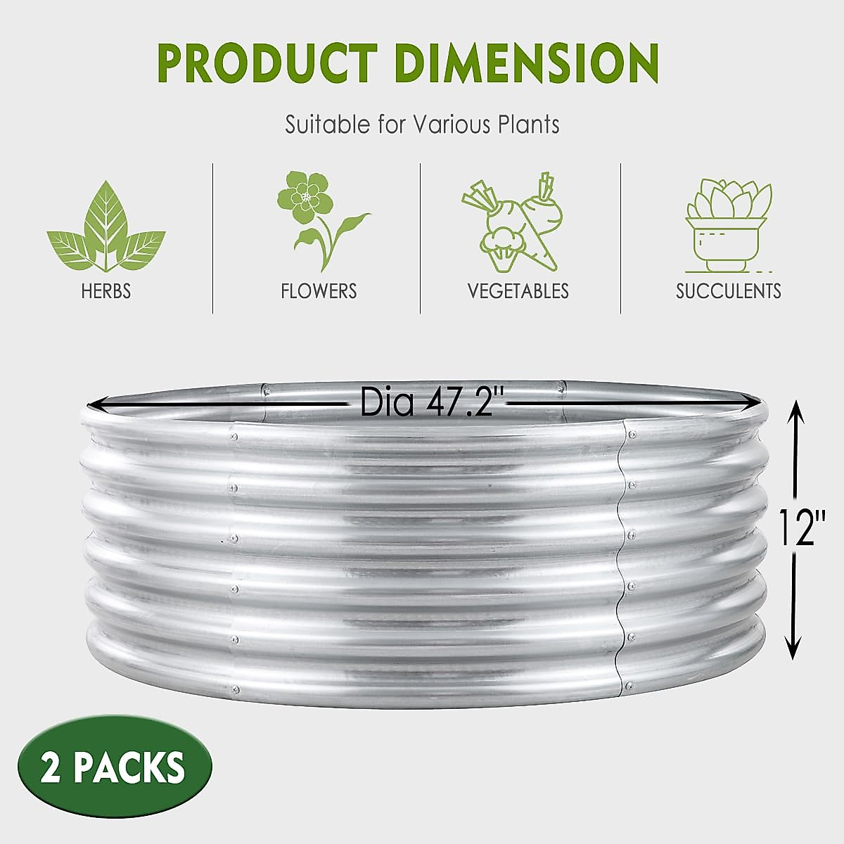 FORTUNO Round Galvanized Raised Garden Bed Kit Box 4 FT (2 Pack) Metal Outdoor Flower Bed Steel Patio Ground Planter for Planting Vegetables and Herb, Silver