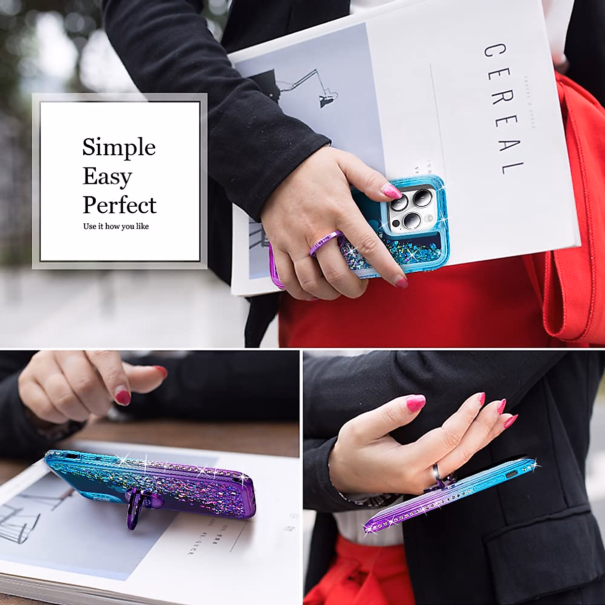 Silverback Designed for iPhone 14 Pro Case,14 Pro Phone Case with Ring Kickstand,Glitter Bling Flowing Liquid Quicksand for Women Girls Phone Case for iPhone 14 Pro,Purple