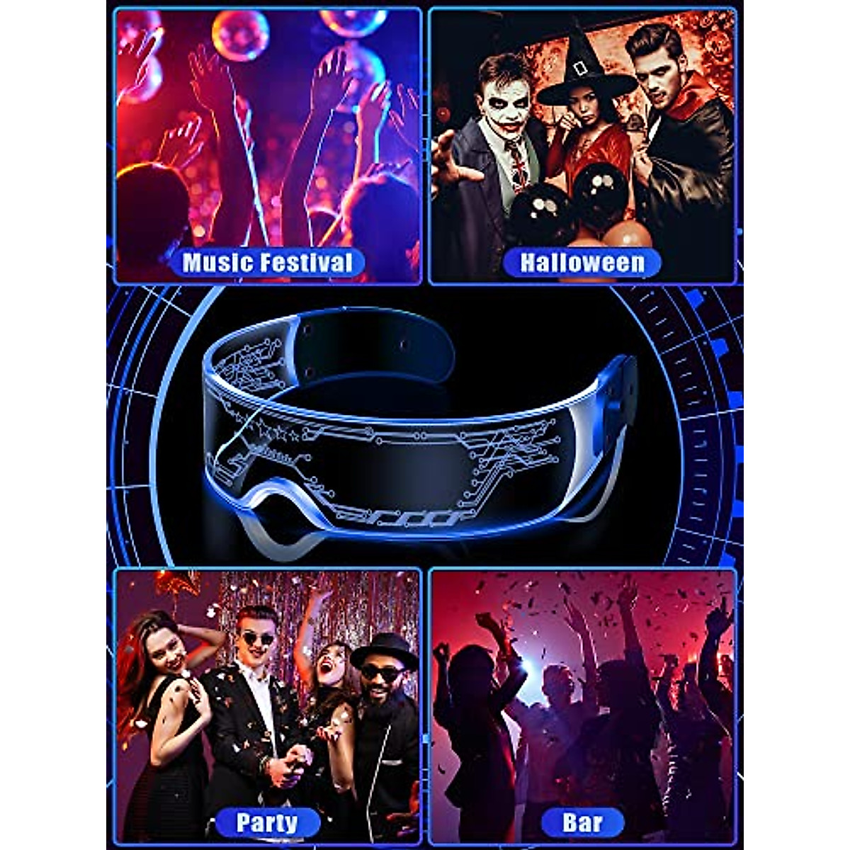 TOODOO 2 Pairs LED Visor Glasses 7 Colors Futuristic Glasses 4 Modes Light Up Glasses Honeycomb Luminous Glasses for Adults (Elegant Style)