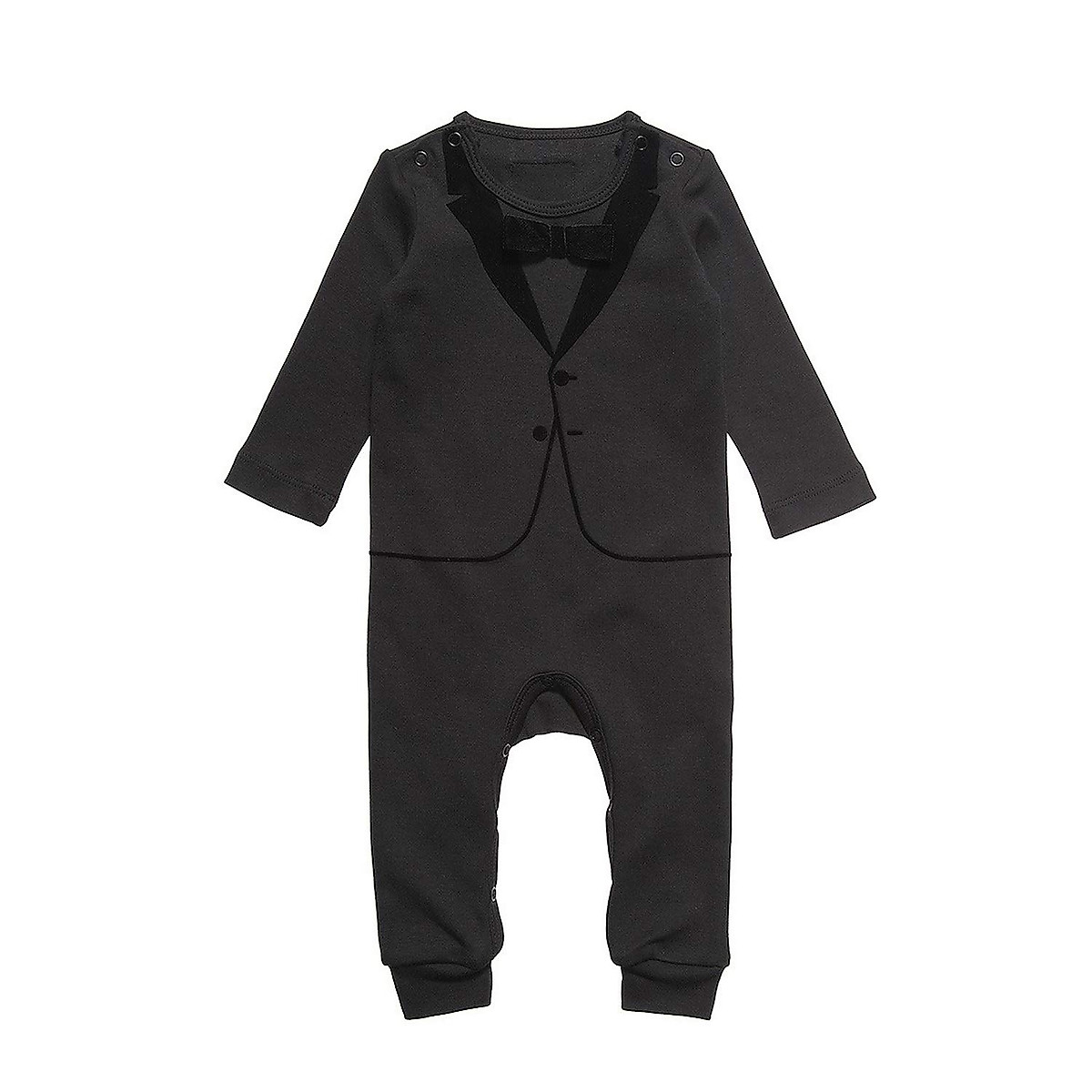 The Tiny Universe Tuxedo Onesie for Fancy Baby Boys, Body Suit with Satin Bow-Tie, Jumpsuit Gentleman Wedding Outfit (All Black, 80 / 12M)