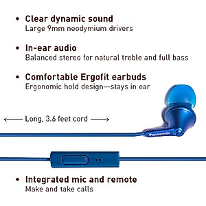 Panasonic ErgoFit Wired Earbuds, in-Ear Headphones with Microphone and Call Controller, Ergonomic Custom-Fit Earpieces (S/M/L), 3.5mm Jack for Phones- RP-TCM125-AA (Metallic Blue)