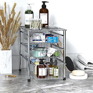 Simple Houseware Stackable 3 Tier Sliding Basket Organizer Drawer, Chrome
