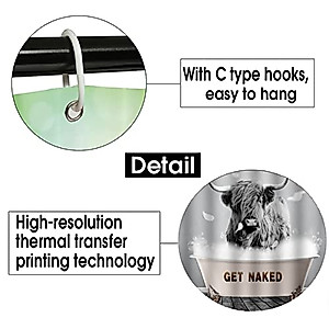 NEWSWELL 4pcs Bathroom Set Highland Cow Bull Shower Curtain 70.8 X 70.8Inch, Get Naked Grey Western Farmhouse with Blanket and Toilet Cover Bath Mat,Polyester Fabric Waterproof 12 Pack Plastic Hooks