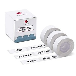 Phomemo D30 Adhesive White Label Paper 1/2" X 1 1/2" (12mm X 40mm) 160 Labels/Roll, Black on White, 3 Roll, for Home Office School Organization, Gift for Decoration, Compatible with D30 Label Maker