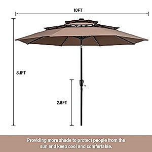 Ainfox 10ft 3 Tiers Solar Patio Umbrella with 40 LED Lights, Outdoor Market Umbrella with W/Double Vented Umbrella, Simple Crank Operation, Auto-tilt Umbrella for Backyard, Pool, Garden,Market