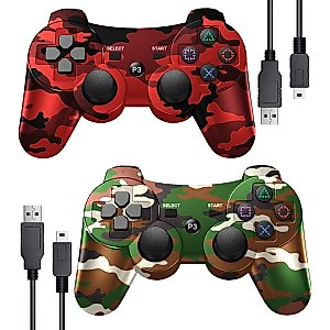 BUERTT PS3 Controller Wireless 2 Pack,Upgraded Remote Controller for PS3,6-Axis Motion,Double Vibration,USB Charging Cable (Camo Red and Camo Green)