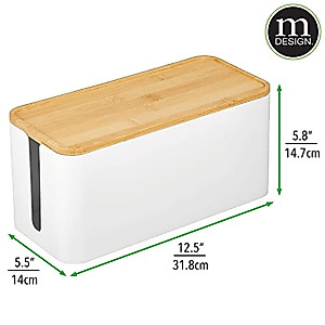 mDesign Cable Management Box - Storage Organizer for Power Strips, Cords, Surge Protectors - Hide Loose Wires in Home Office, Desks, Entertainment Centers - Small, White/Natural Bamboo Lid