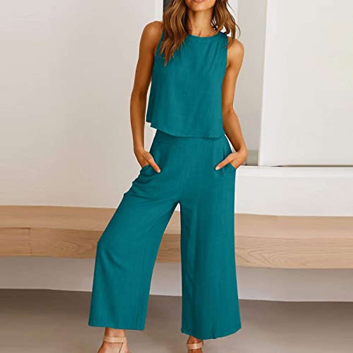 JDHUFEI Summer Sets for Women 2023 Fashion Vacation Outfits for Women Solid Color Blouse and Loose Wide Leg Pants Set