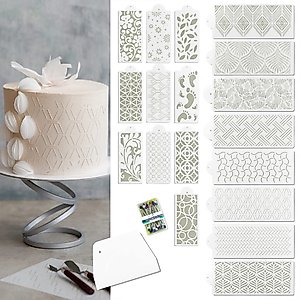 18 PCS Cake Stencils Set - Templates with Scraper and 50 Pins for Decorating Dessert Baking Buttercream Icing Molds Lace Mermaid- Mesh Floral Reusable Spray Fondant Cookie Wedding