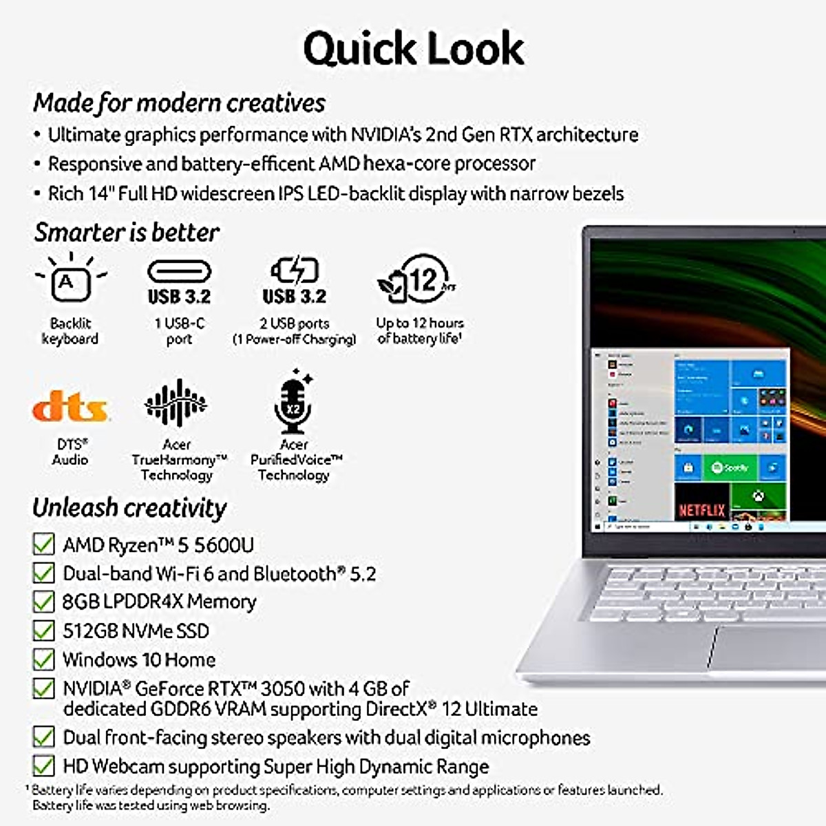 Acer Swift X SFX14-41G-R0SG Creator Laptop | 14" Full HD 100% sRGB | AMD Ryzen 5 5600U | NVIDIA RTX 3050 Laptop GPU | 8GB LPDDR4X | 512GB NVMe SSD | Wi-Fi 6 | Backlit Keyboard | Windows 10 Home