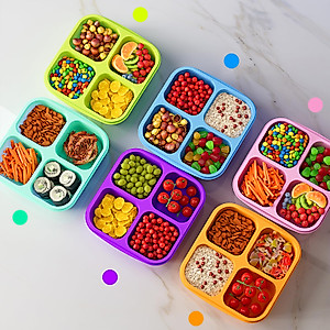 KEMETHY 6 Pcs Bento Snack Containers, Reusable 4 Compartment Food Storage Container with Lids, Divided Lunchable Container, Freezer, Microwave & Dishwasher Safe (6 Color)