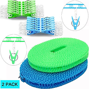 Foshine Clotheslines 2 Pack Clothesline Clothes with 24 Pcs Clips Drying Rope Portable Windproof for Travel Indoor Outdoor Laundry Clothes Line Hanger Camping Home