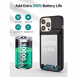 NEWDERY 10000mAh Battery Case for iPhone 14/14 Pro/13/13 Pro, Wireless Charging & Wired Earphone & Sync-Data Supported, Portable Extended Charger Case for iPhone 14/13 Pro, 6.1 inch Black