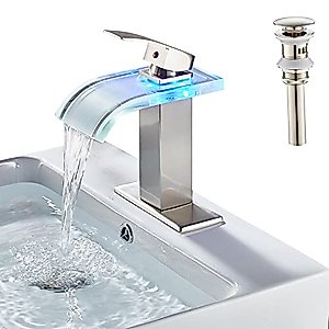 LOOPAN Waterfall Bathroom Faucet LED Light with Pop up Drain, 1 Hole Single Handle Bathroom Faucet Brushed Nickel with 3 Light Changing, Single Hole Deck Mounted Basin Tap Faucet