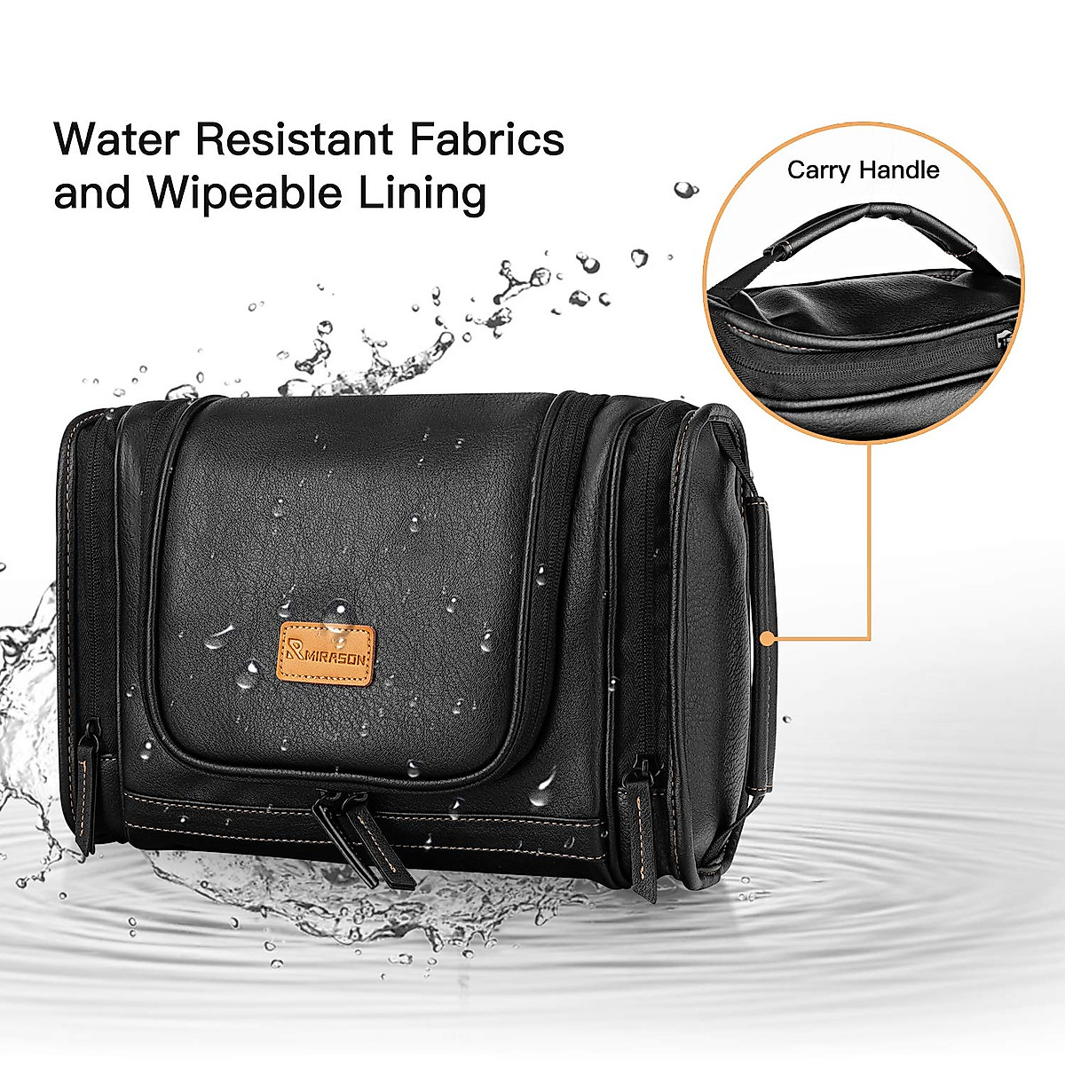 MIRASON Hanging Toiletry Bag for Men Dopp Kit Waterproof Leather Travel Organizer with Sturdy Metal Hook and Handle for Bathroom Shower Cosmetics Camping Brushes Shaving (Black)