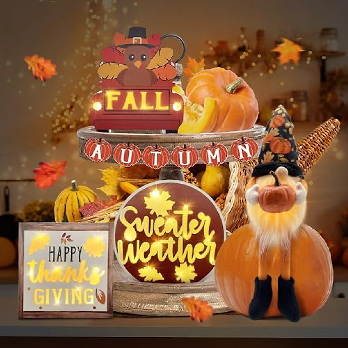 Thanksgiving Tiered Tray Decorations, LED Light Up Thanksgiving Decorations Farmhouse Rustic Wooden Sign Turkey Gnome Fall Decor Warm Thanksgiving Autumn Home Table Kitchen Decorative Tray