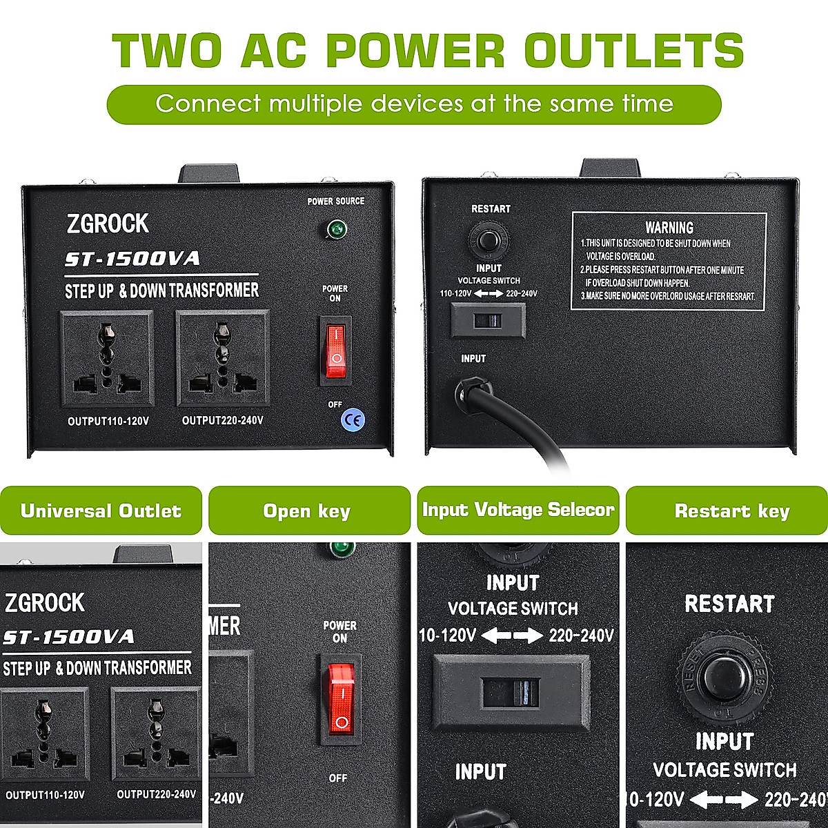 ZGROCK 1500W Voltage Converter Transformer Heavy Duty Step Up/Down- 110 / 220V- Circuit Breaker Protection