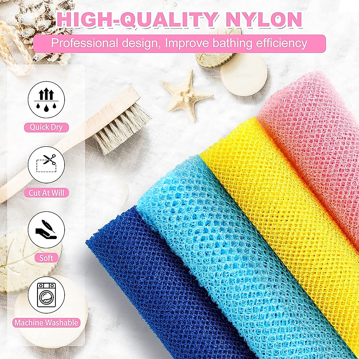 African Net Sponge Long Net Bath Sponge Exfoliating Shower Body Scrubber Back Scrubber Skin Smoother Body Exfoliating Cloth Nylon Bathing Scrubber for Men Women for Daily Use (Lake Blue Pink Yellow)