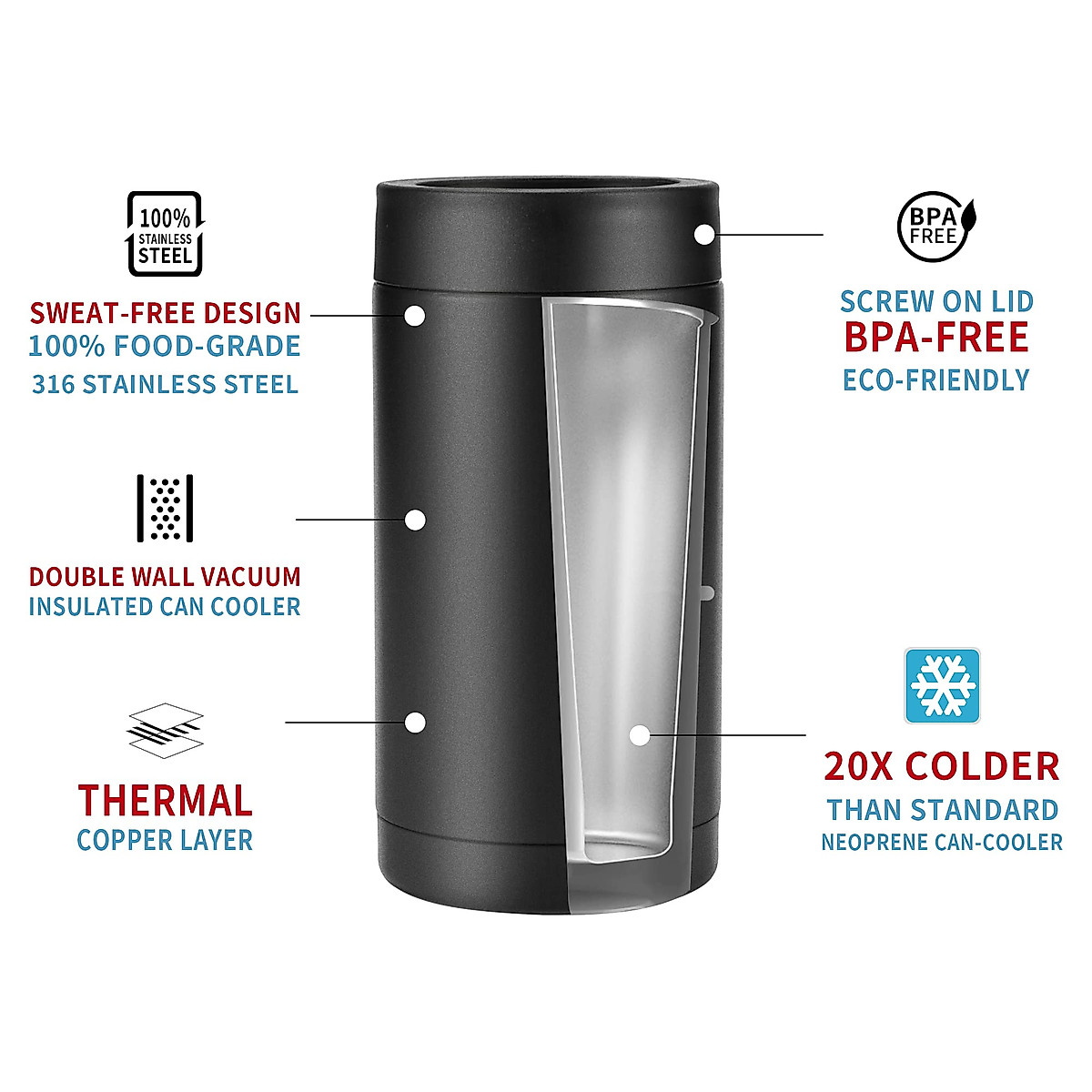 Olerd 16oz Double wall Stainless Steel Insulated Can Cooler, Bottle or Tumbler for Slim Beer & Hard Seltzer Cans, Beer Bottle Holder (BLACK)