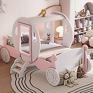 DEINPPA Twin Size Princess Bed with Crown, Wood Carriage Shaped Platform Car Bed with Stair, for Kids Girls Toddler, White+Pink