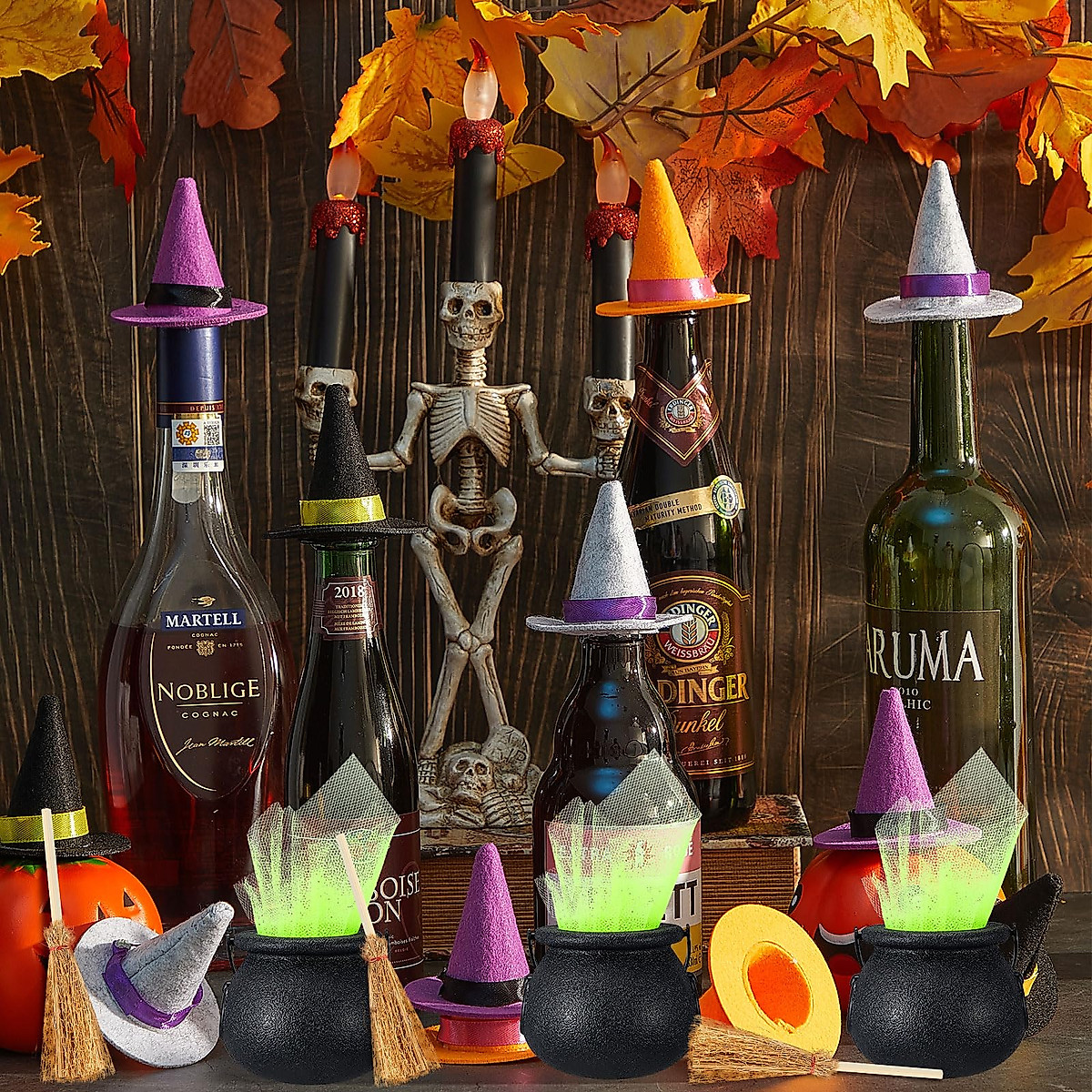 Deekin 48 Pcs Halloween Party Decorations Witch Accessories, Include Mini Witch Hat and Witch Broom, Miniatures Plastic Cauldron Pot and Mesh Gauze for Halloween Wizard Theme Party Favor, DIY Craft