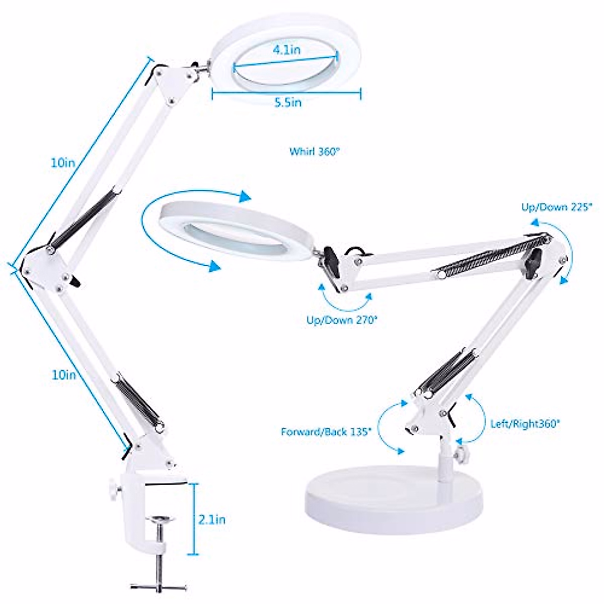 5X Magnifying Glass with Light and Stand, KIRKAS 2-in-1 Real Glass Lens Magnifying Desk Lamp with Clamp, 3 Color Modes, Stepless Dimmable Magnifier Light for Close Work Repair Reading Crafts- White