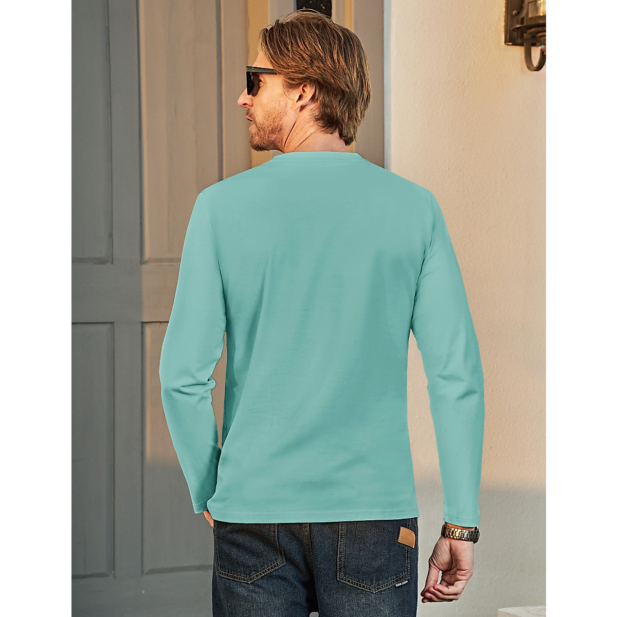 MAGCOMSEN Mens Long Sleeve Pocket T Shirt Breathable Cotton Shirt Lightweight Crew Neck Tee Shirt Grey Green,L