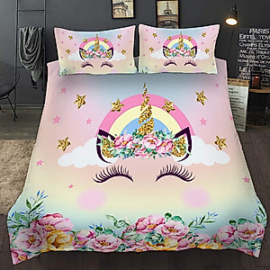 SEISYUKU Twin Duvet Cover Sets for Girls - Cute Bedding Set Twin Size 3 Pieces - Unicorn Duvet Cover and Pillowcases for Kids (Baby Pink, Not Duvet Inside)