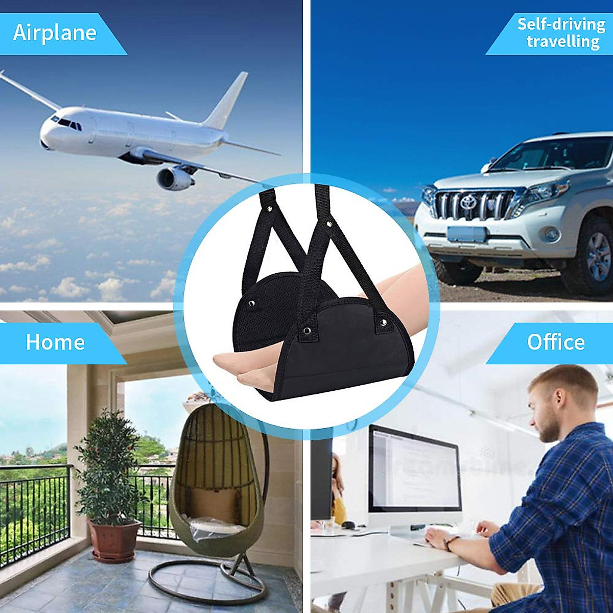 Footrest Hammock for Travel Airplane Office Home | Mini Portable Travel Flight Carry-on Accessories (+ Black Sleep mask)
