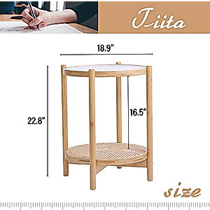 Tiita Rattan Coffee Table, Round End Table, 2-Tier Morden Side Table, Small Living Room Side Table, Glass Sofa End Table for Balcony and Office Outdoor/Indoor (Horizontal Stripe)