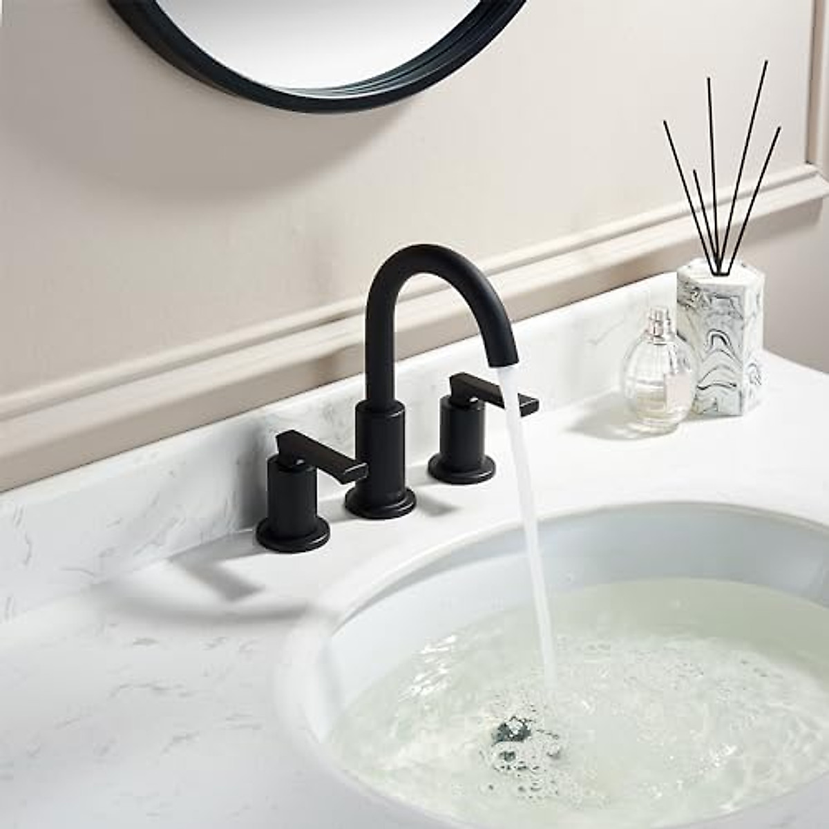 Roffenny 8 inch Widespread Bathroom Faucets, 2-Handle Matte Black Bathroom Sink Faucets for Sink 3 Holes, 360 Degree Swivel High-Arc Spout, 8 in Spread Bath Vanity Sink Faucet, with Pop Up Drain