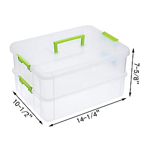 JUXYES 2-Tiers Stack Carry Storage Box With Handle, Transparent Stackable Storage Bin With Handle Lid Latching Storage Container for School & Office Supplies (Green)