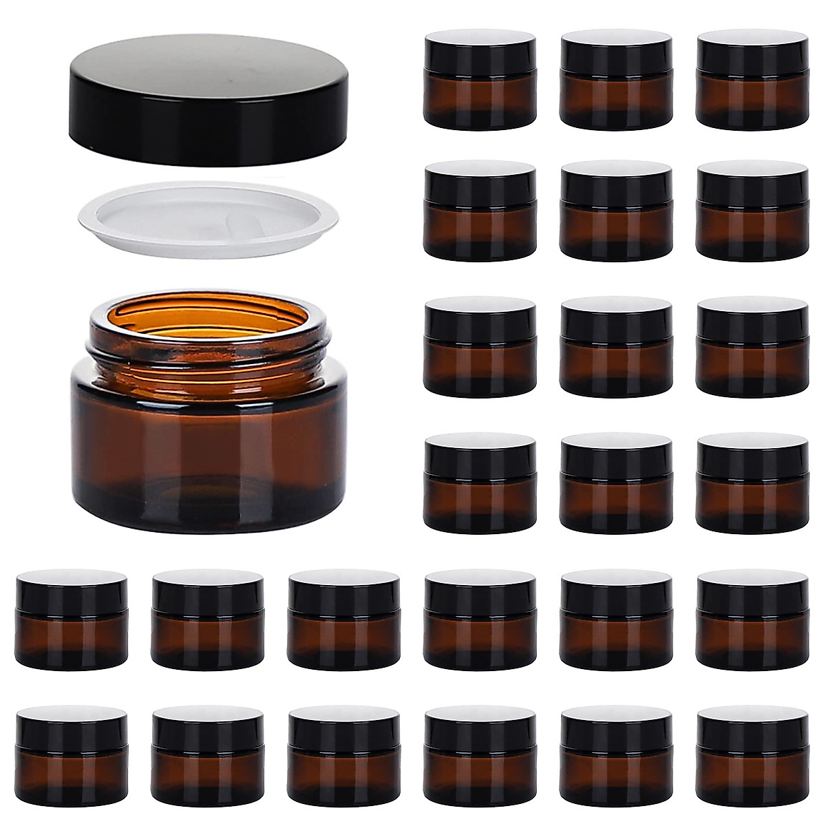 1oz Glass Jar with Lid, Hoa Kinh 30Pack Amber Round Containers Cosmetic Glass Jars with Inner Liners and Black Lids Travel Jars for Storing Lip and Body Scrub, Lotion, Body Butter, Bath Salts, Liquid