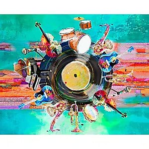 FlashPhoenix Quality Sewing Fabric –Music Fabric Rhythm, Hues Instruments Record Digital 100% Cotton 36 x 44 Inches Panel