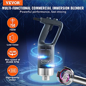 VEVOR Commercial Immersion Blender, 750W 16" Heavy Duty Hand Mixer, Variable Speed Kitchen Stick Mixer with 304 Stainless Steel Blade, Multi-Purpose Portable Mixer for Soup, Smoothie, Puree, Baby Food